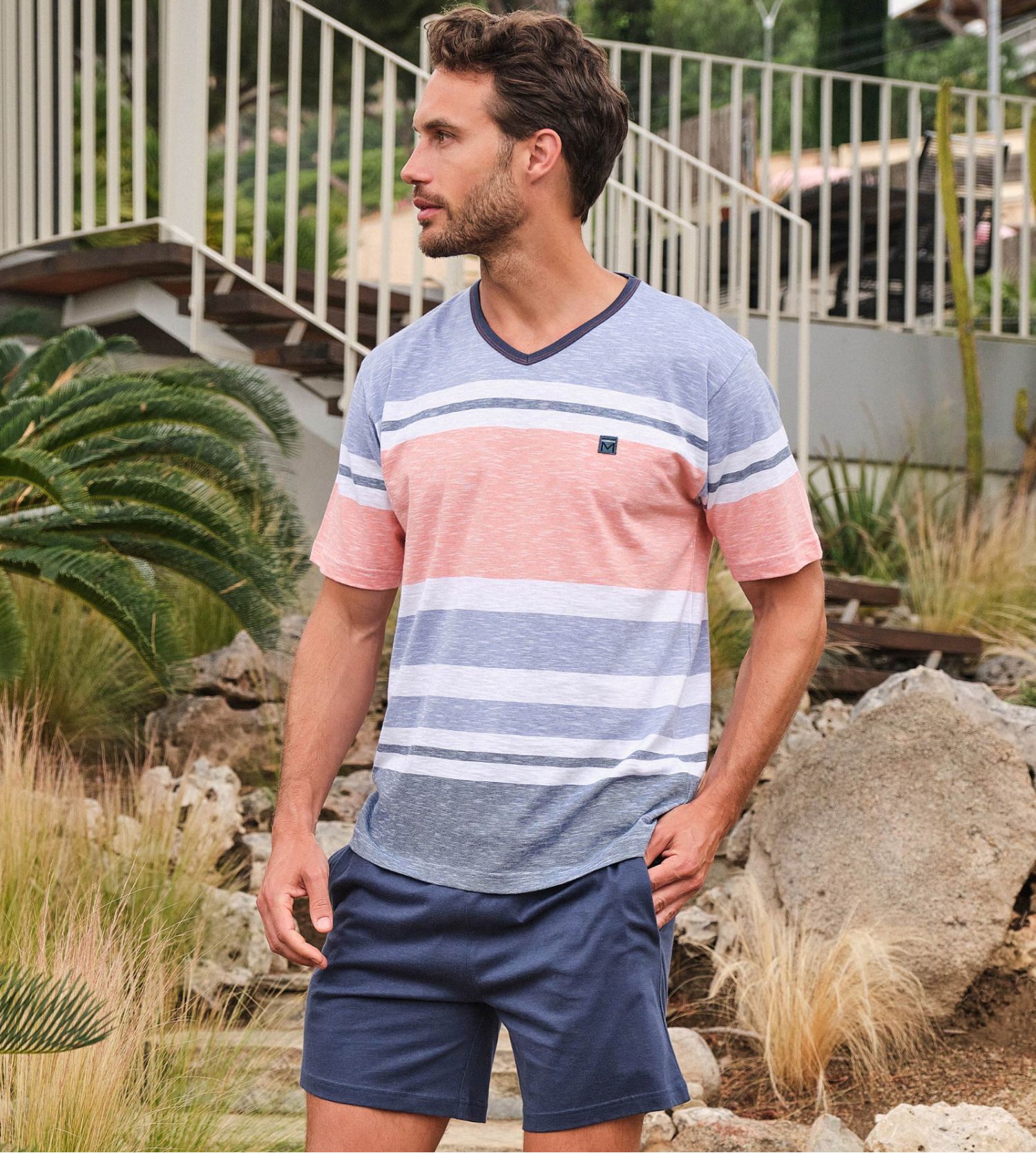 MASSANA homme pyjama court à rayures bleues