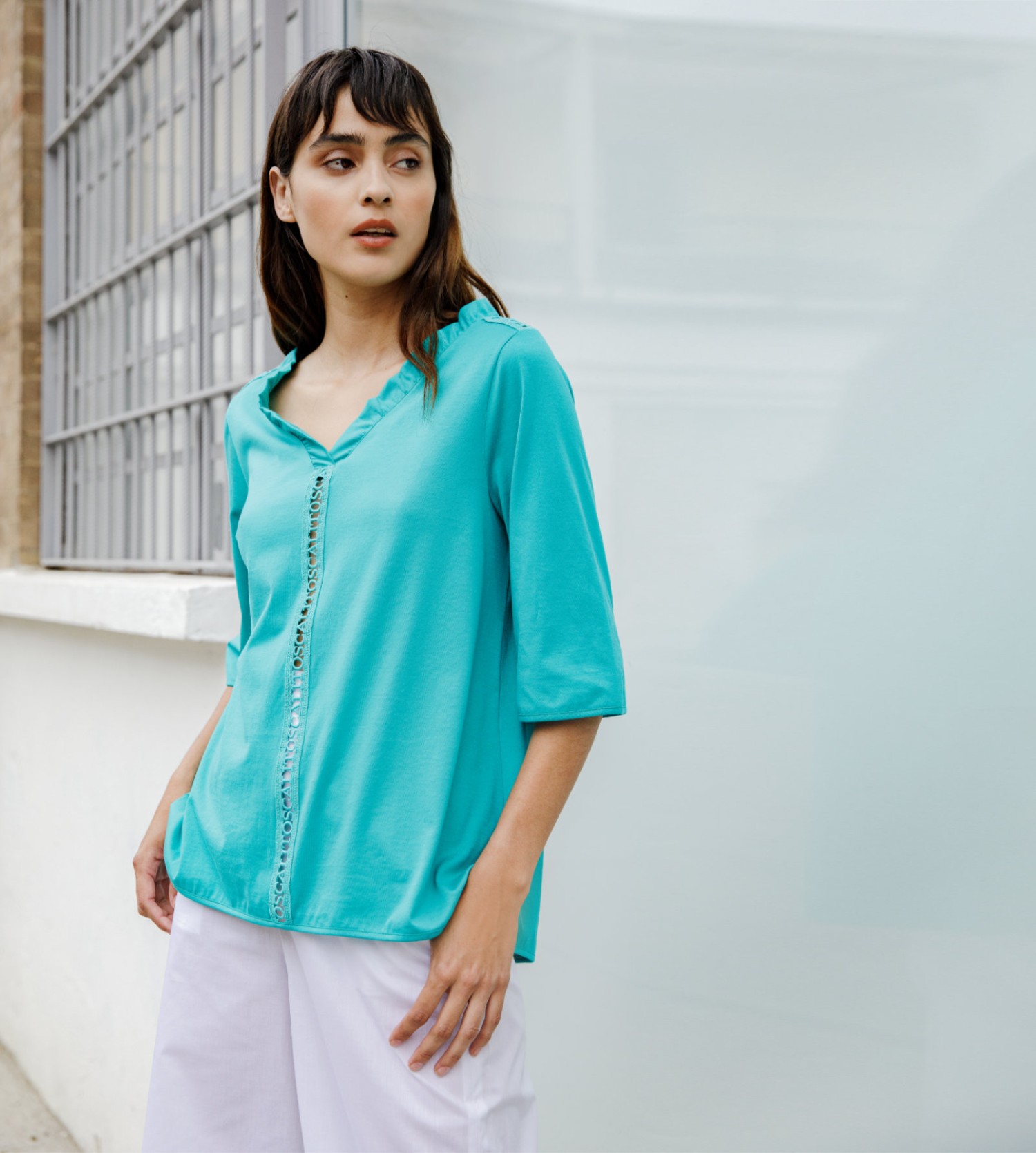 Chemise en coton jersey macramé Turquoise