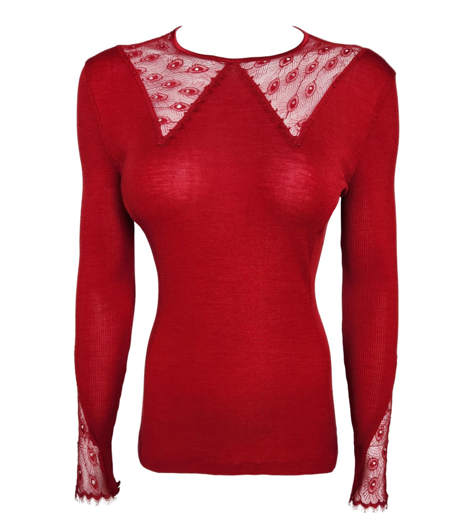 Top manches longues en tulle brodé Laine & Soie Rouge Oscalito