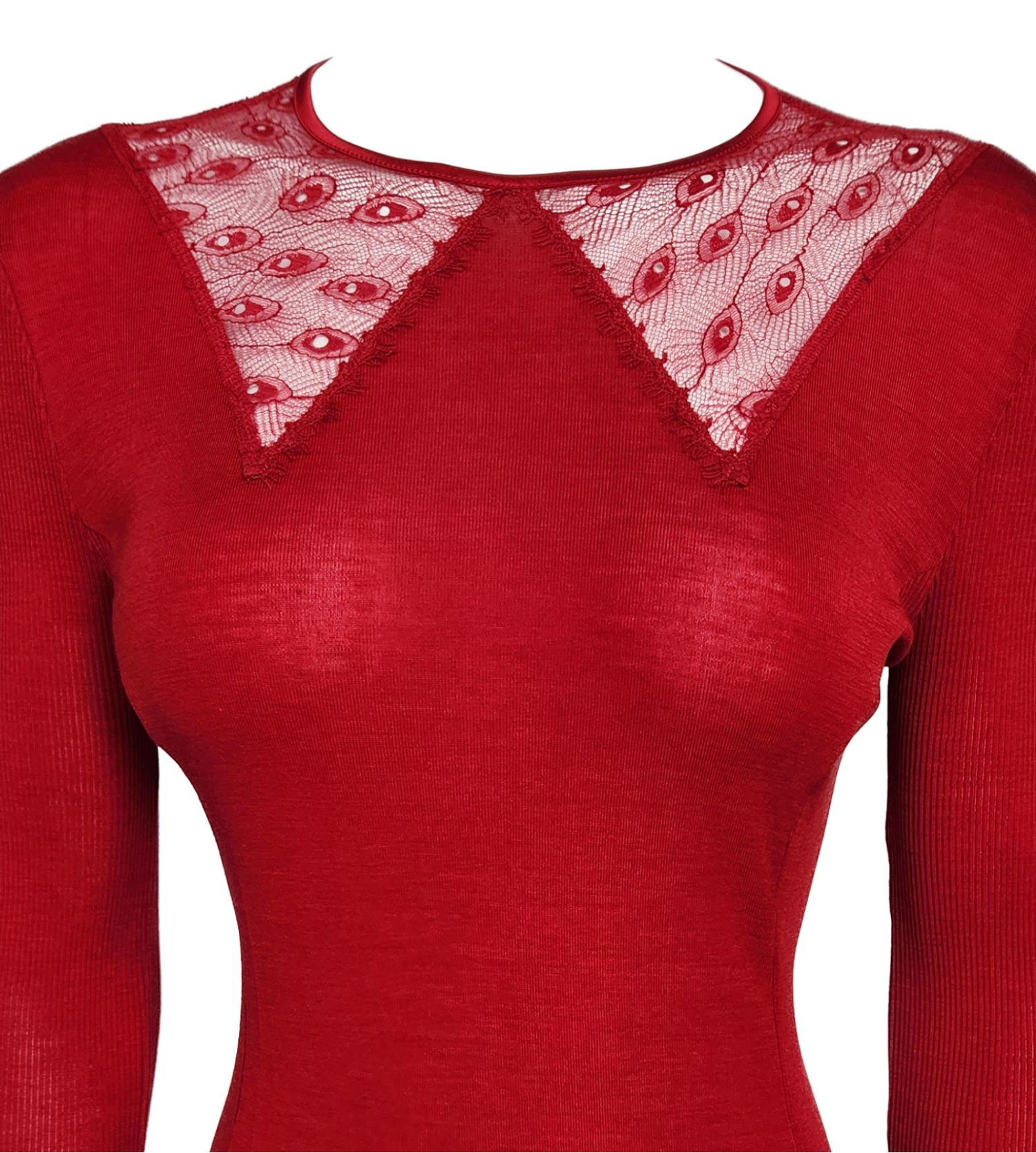 Top manches longues en tulle brodé Laine & Soie Rouge Oscalito